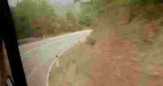 Vozač iz Srbije jednom rukom drži mobitel, a drugom vozi bus niz ...